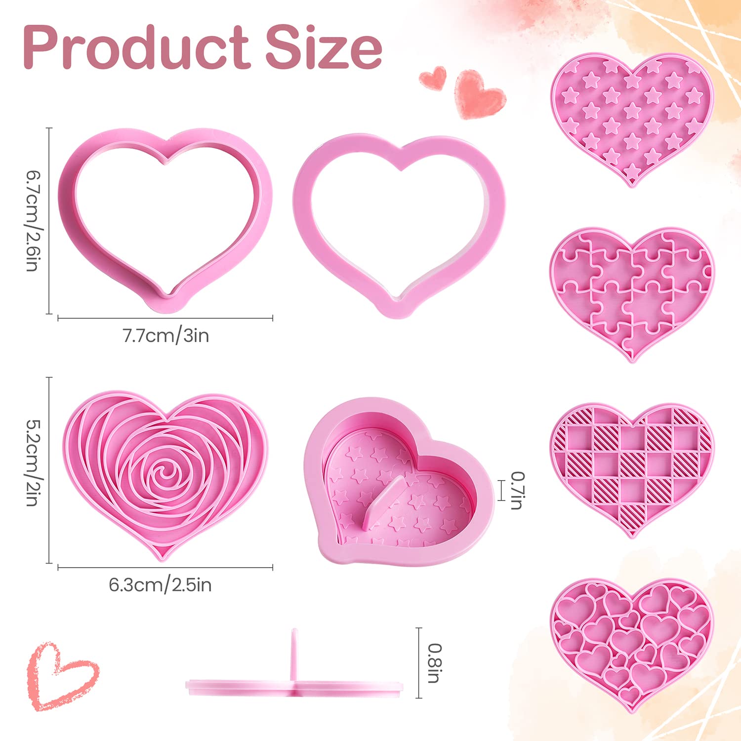 FVVMEED 6 Pieces Valentine's Day Heart Shape Plastic Biscuit Cutters Cookie Stamps Plunger Cutter Fondant Molds Embossing Spring Mold Press Cupcake Gum Paste Sugar Craft Decorating Baking Tool