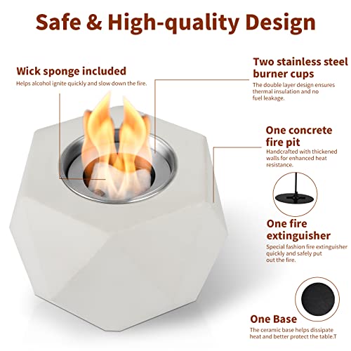 KIZZBY Table Top Fire Pit Bowl - Concrete Tabletop Fireplace Indoor Outdoor Decor Portable Rubbing Alcohol Burner Smores Maker for Patio Balcony with Extinguisher