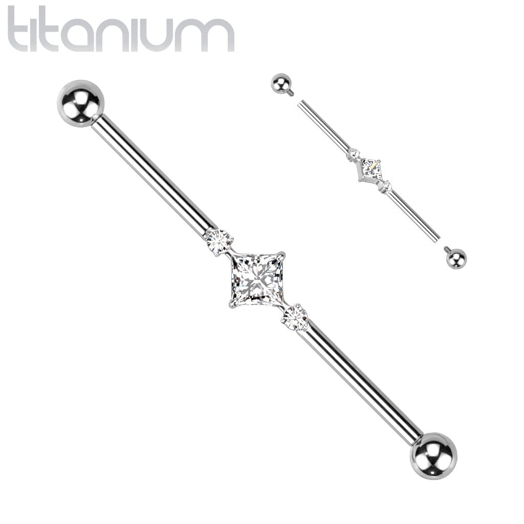 Dynamique Implant Grade Titanium Internally Threaded Industrial Barbell With 2 Round CZ And Square CZ Center (Sold Per Piece)
