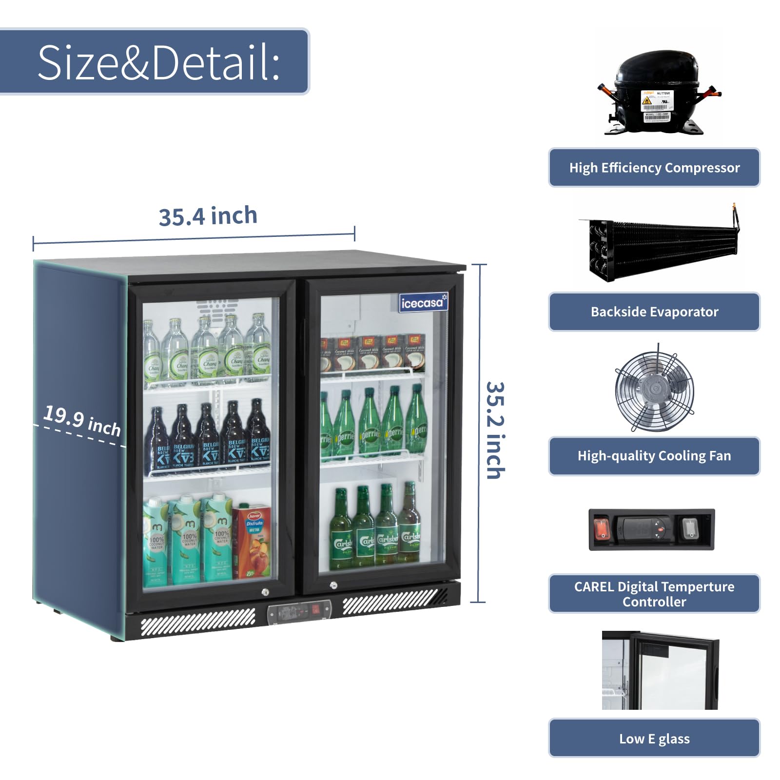 ICECASA Beverage Refrigerators 2 Glass Door Back Bar Refrigerator Commericial Counter Height Refrigerator LED Lighting Merchandiser 7.8 Cu.ft for Soda Beer