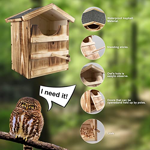 Owl House Hand Made with Bird Stand Design, Owl Nesting Box for Outside Large Handmade Wooden Rectangular Opening Owl Box Bird House with Mounting Screws and A Bag of Wood Shavings, Easy Assembly