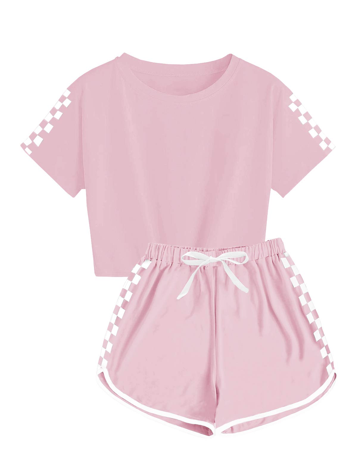 CNJFJ Cute Outfits For Girls 10-12 Years Old Plaid Shorts Sleeve Crop Tops And Shorts Sets