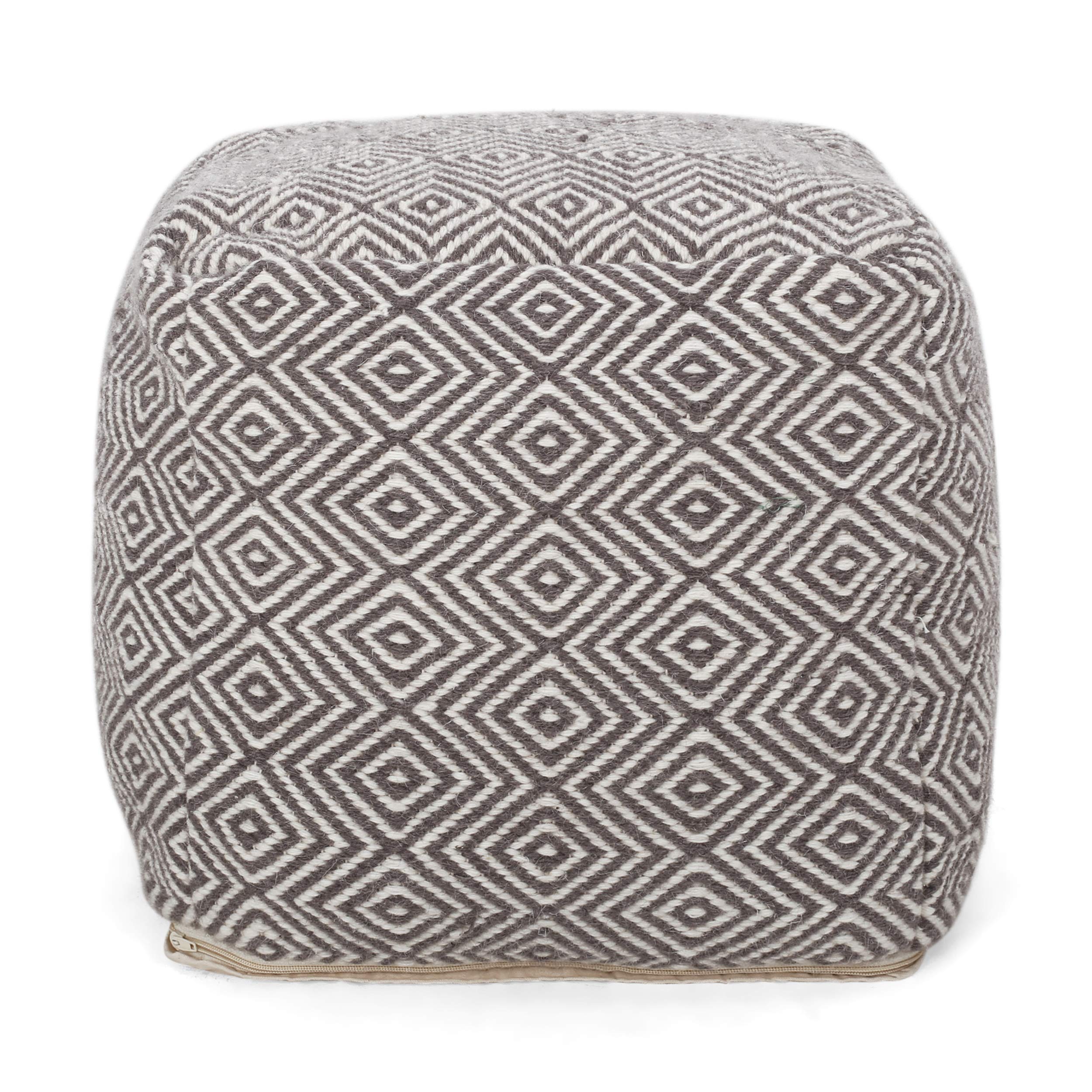 Christopher Knight Home Riley Hand-Loomed Boho Fabric Cube Pouf, Beige, Gray