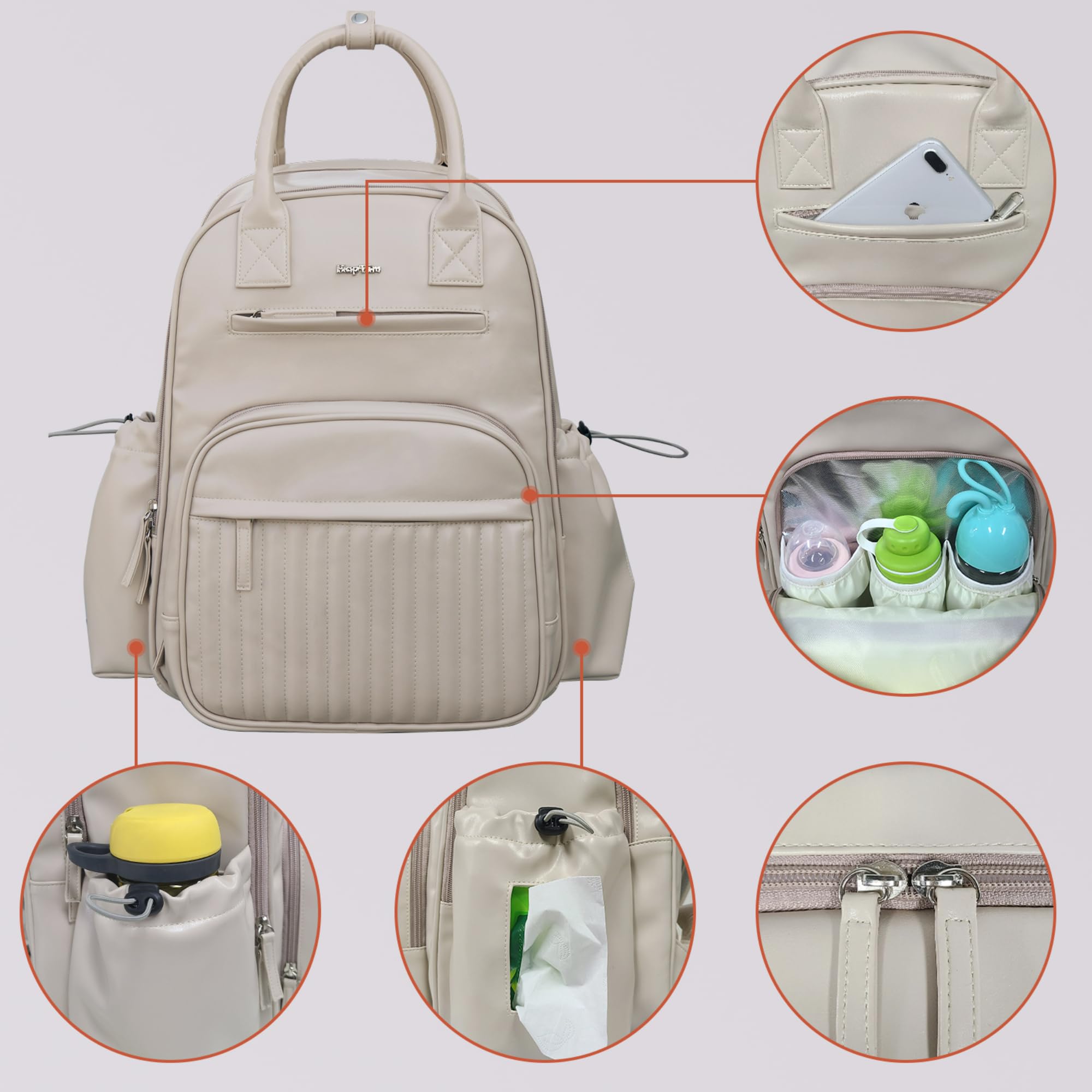 Hap Tim Diaper Bag Backpack, Leather Baby Diaper Bag with Changing Pad,19 Pockets, 2 Clear Makeup Bags, 2 Stroller Clips, Baby Registry Search, Cream White(K2252-CM)