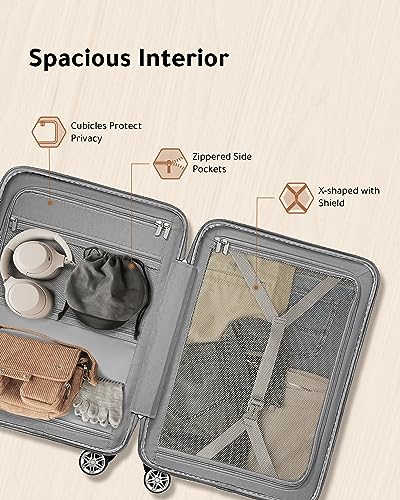 LUGGEX PC Carry On Luggage 22x14x9 Airline Approved - Expandable Hardside Luggage with Spinner Wheels - 4 Metal Corner Hassle-Free Travel (Silver Suitcase)