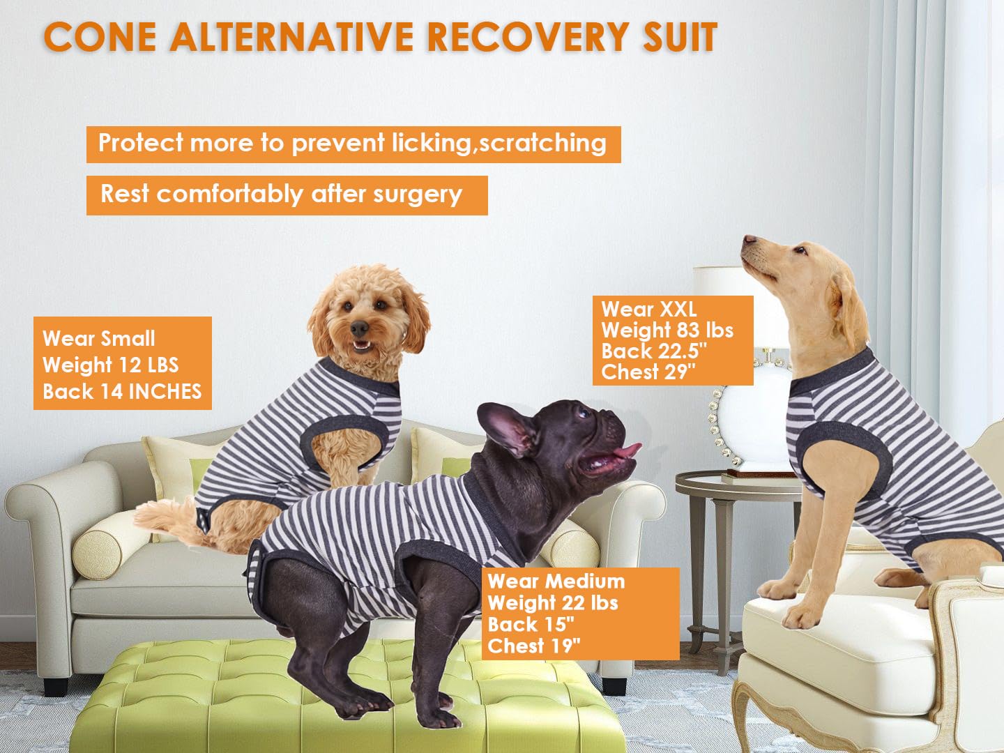 Wabdhally Dog Surgery Recovery Suit,Surgical Suit for Medium Female Spay,Soft Combed Cotton,Grey Striped Zipper Onesie M