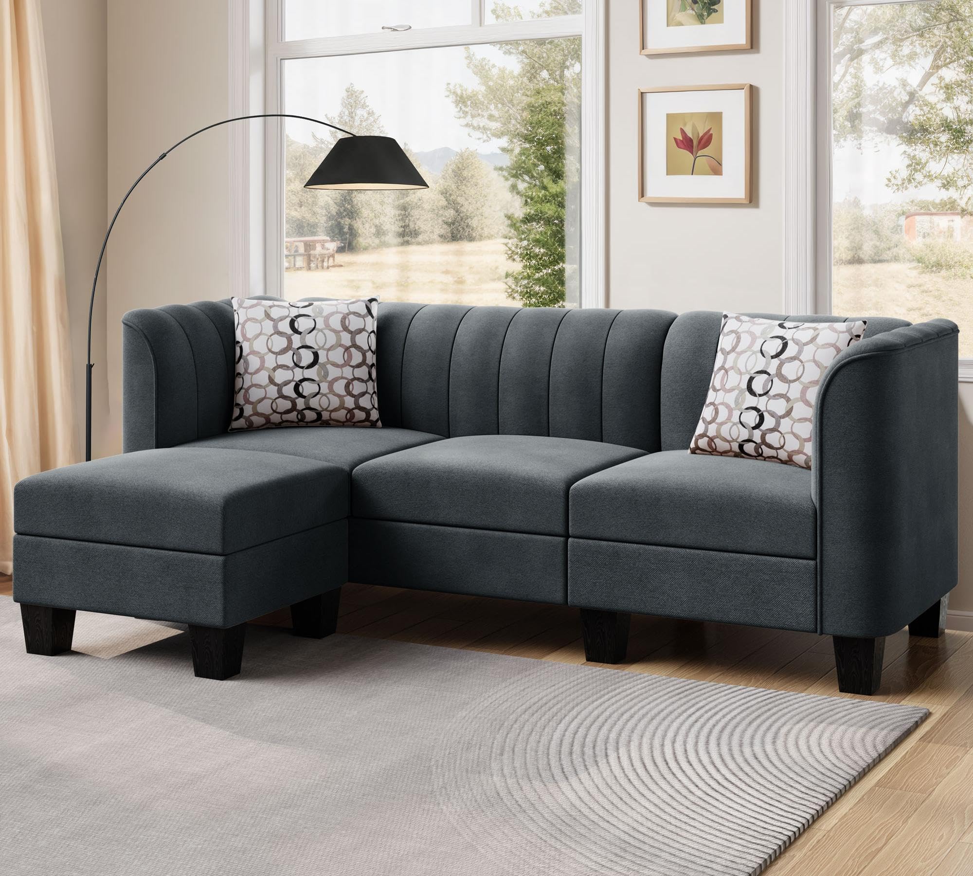 JAMFLY Sectional Sofa Couch for Living Room, Small 3-Seat L Shaped Couch with Linen Fabric, Convertible Sofa with Chaise Clearance Set for Small Space, Dark Grey