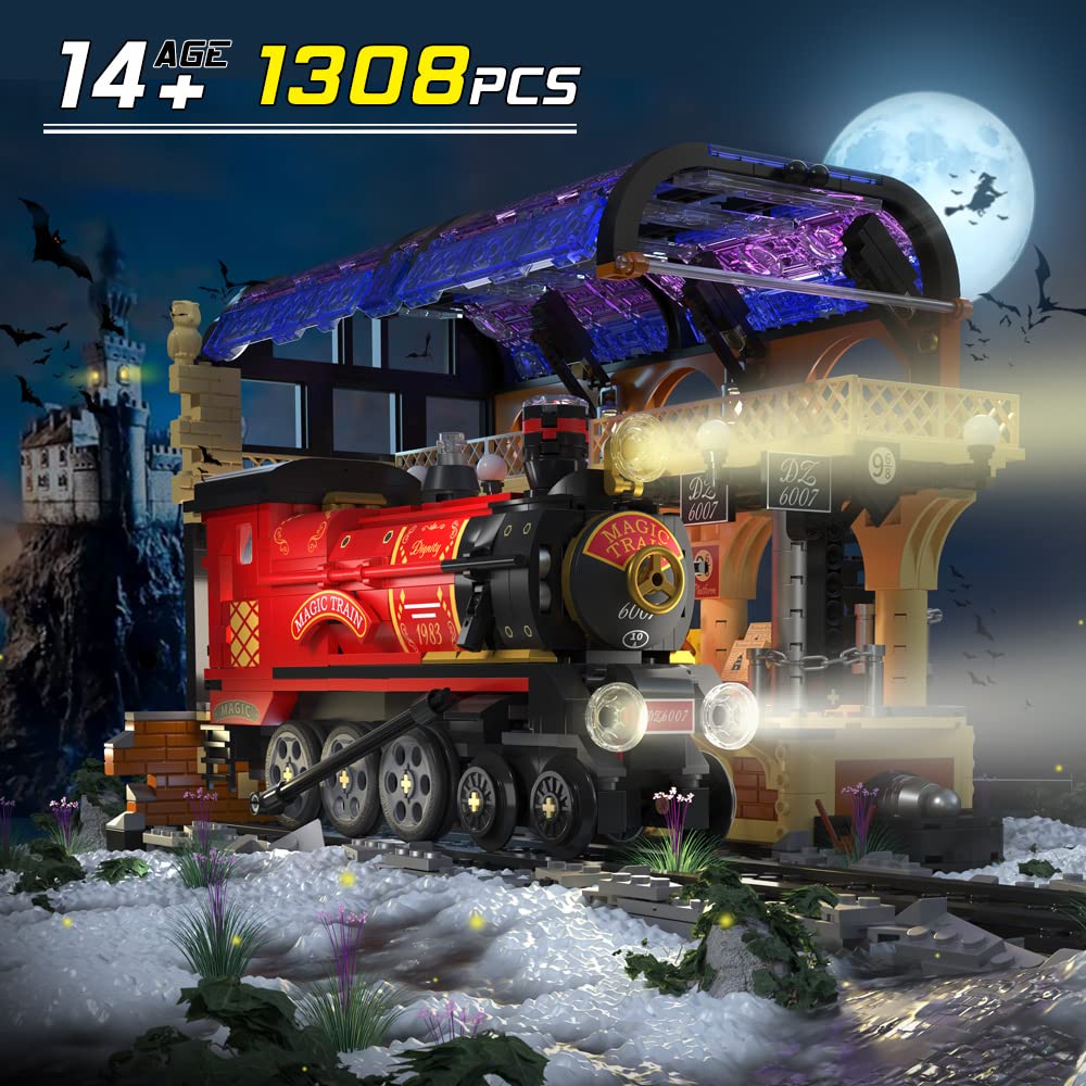 EDGKODK Retro Steam Magic Harry Express Building Kits, Collector's Edition Train Station Building Toys for Adult Challenge, 1308 Pieces Mini Bricks