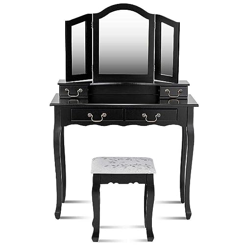 KJNS Vanity Set Makeup Dressing Table Tri Folding Mirror Stool 4 Drawers Black Vanity Desk Makeup Vanity Side Tables Bedroom Vanity Table Portable Desk Vanity Set