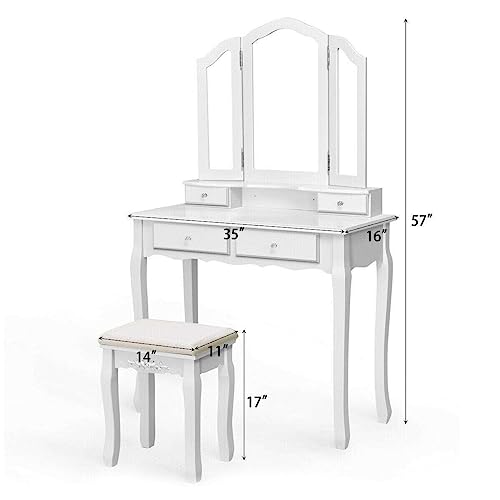 KJNS White Tri Folding Mirror Vanity Makeup Table Stool Set Desk with 4 Drawers Vanity Desk Makeup Vanity Side Tables Bedroom Vanity Table Portable Desk Vanity Set