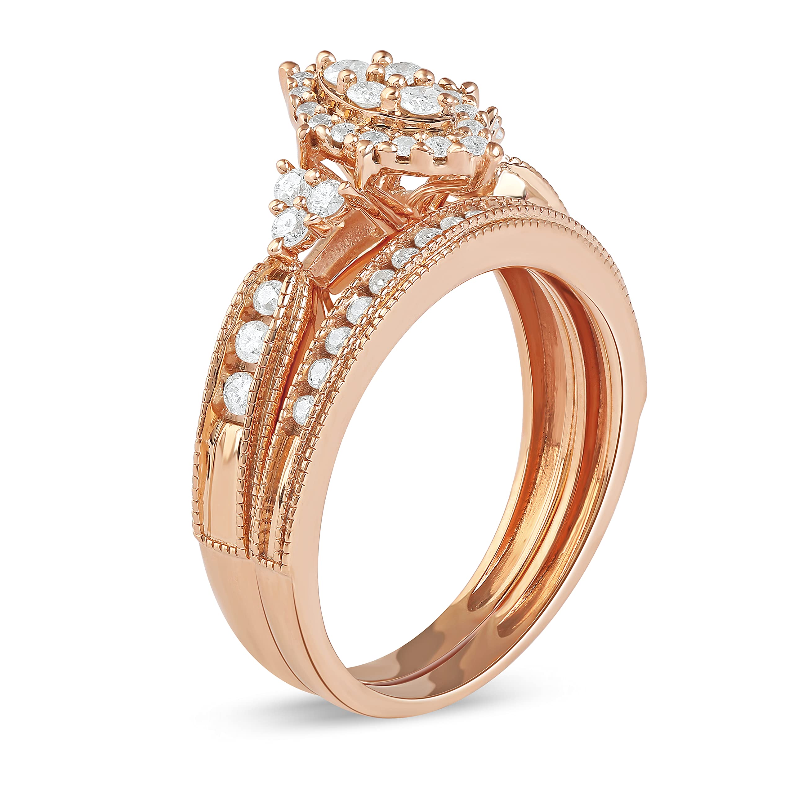 DZON Sterling Silver with Roe Gold Plating 1/2CT TDW Round Diamond Marquise-framed Halo Wedding Engagement Ring Set for Women(I-J,I2)