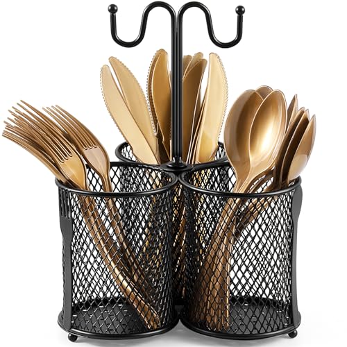 DTICON Utensil Caddy Silverware Cutlery Holder: Kitchen Countertop Flatware Organizer for Party Spoon and Fork Holder Black Basket Outdoor Buffet Camping Picnic Modern Metal Utensils Counter Storage
