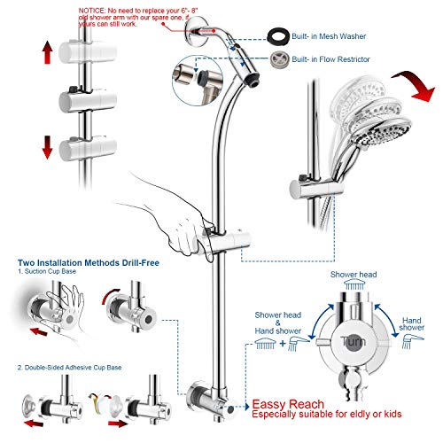 Egretshower Handheld Showerhead & Rain Shower Combo for Easy Reach, 27.5" Drill-free Stainless Steel Slide Bar, 5”of 5-setting Handheld Shower and Showerhead, with 5ft Hose - Polished Chrome