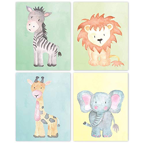 Colorful Baby Lion, Elephant, Giraffe, Zebra Prints, 4 (8x10) Unframed Photos, Wall Art Decor for Home Office Shop Studio School Nursery Lounge Student Teacher Earth Green Nature Safari Animals Fans