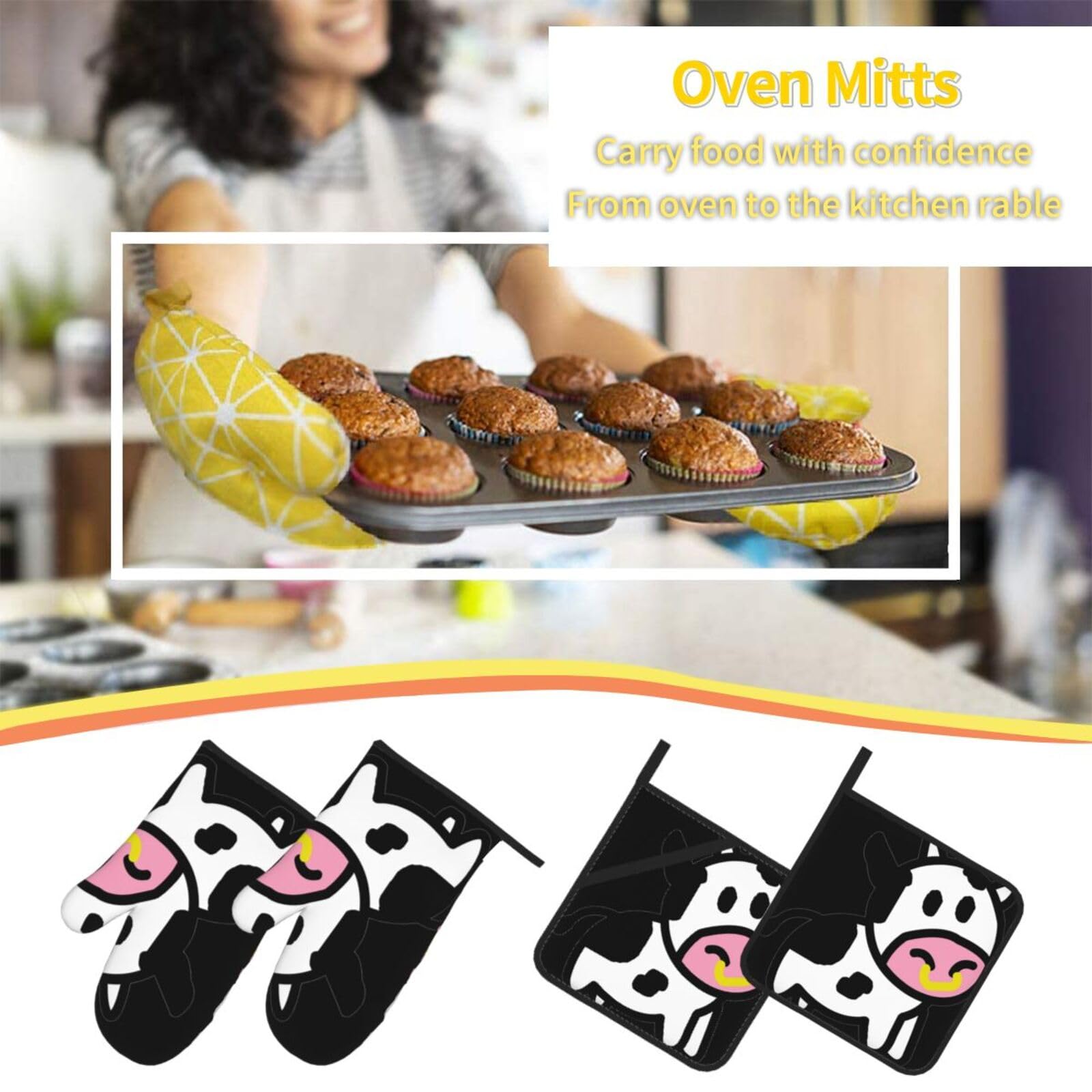Cute Cow Kitchen Baking 4-Piece Set–Heat Resistant Oven Mitts and Pot Holders Kitchen Hot Pads