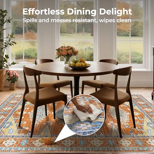 Kokia Area Rugs Living Room 9x12 Ultra-Thin Washable Orange Large Area Rug Dining Room Geometric Tribal Distressed Lightweight Foldable Carpet for Dining Room Home Office, Solani Orange-1