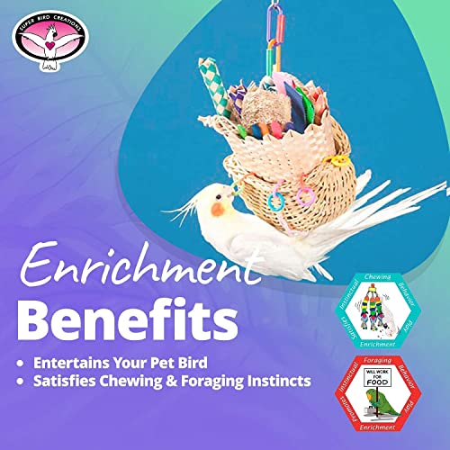 Super Bird Creations SB669 Wicker Foraging Basket Bird Toy with Array of Chewable Toys for Parrots, Medium Size, 10β x 4β x 5β, Varies, 1 Count (Pack of 1)
