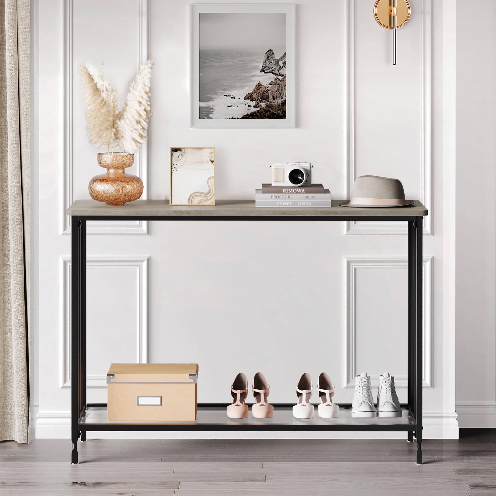 IDEALHOUSE 33.5" Narrow Console Table, Small Entryway Table with Glass Shelf and Metal Frame, Sofa Table Narrow Long Behind Couch Table, Modern Gold