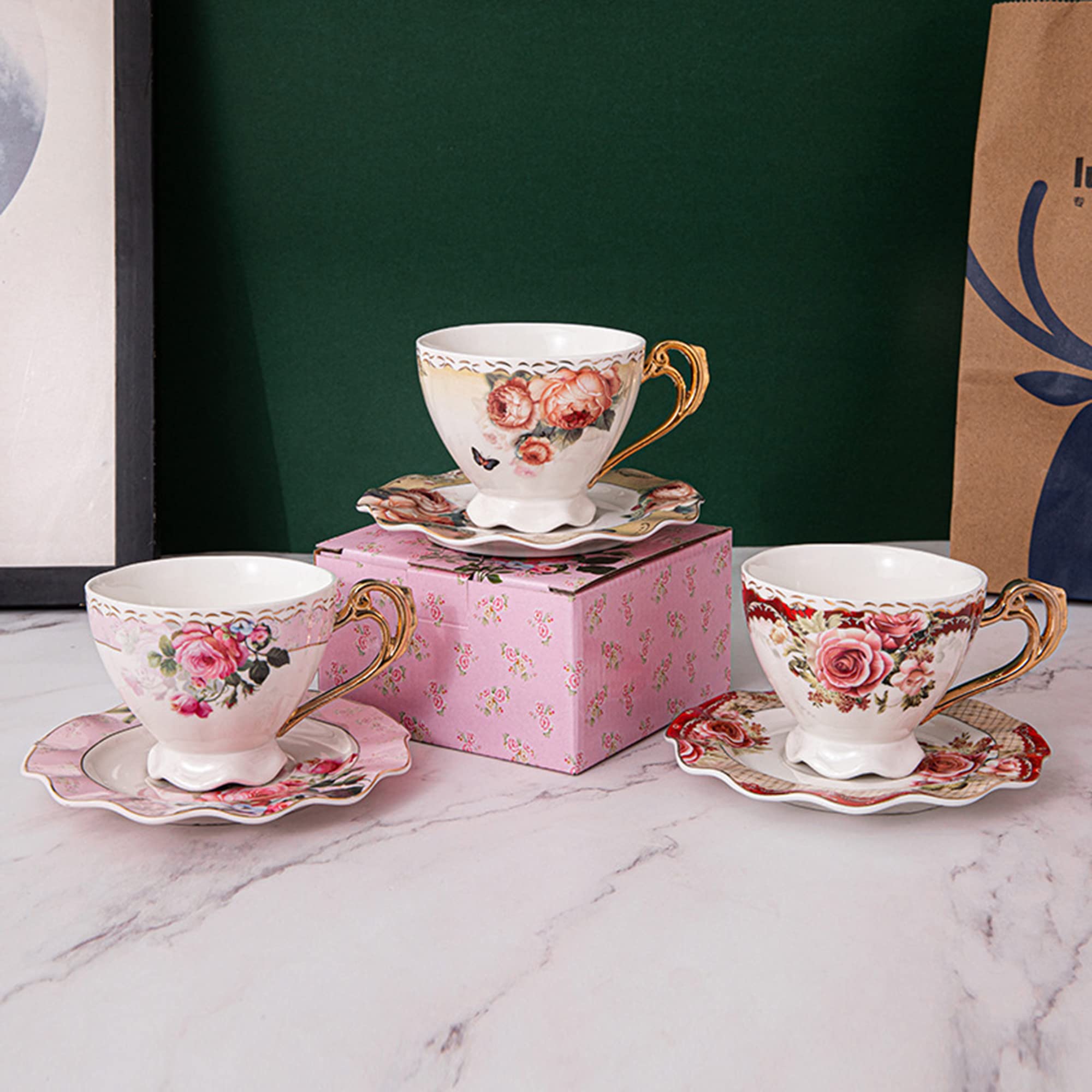 fanquare Orange Flower Tea Cup and Saucer Set, 7oz Porcelain Coffee Cup with Spoon, Pretty Tea Cup Set for Breakfast, Gift, Party