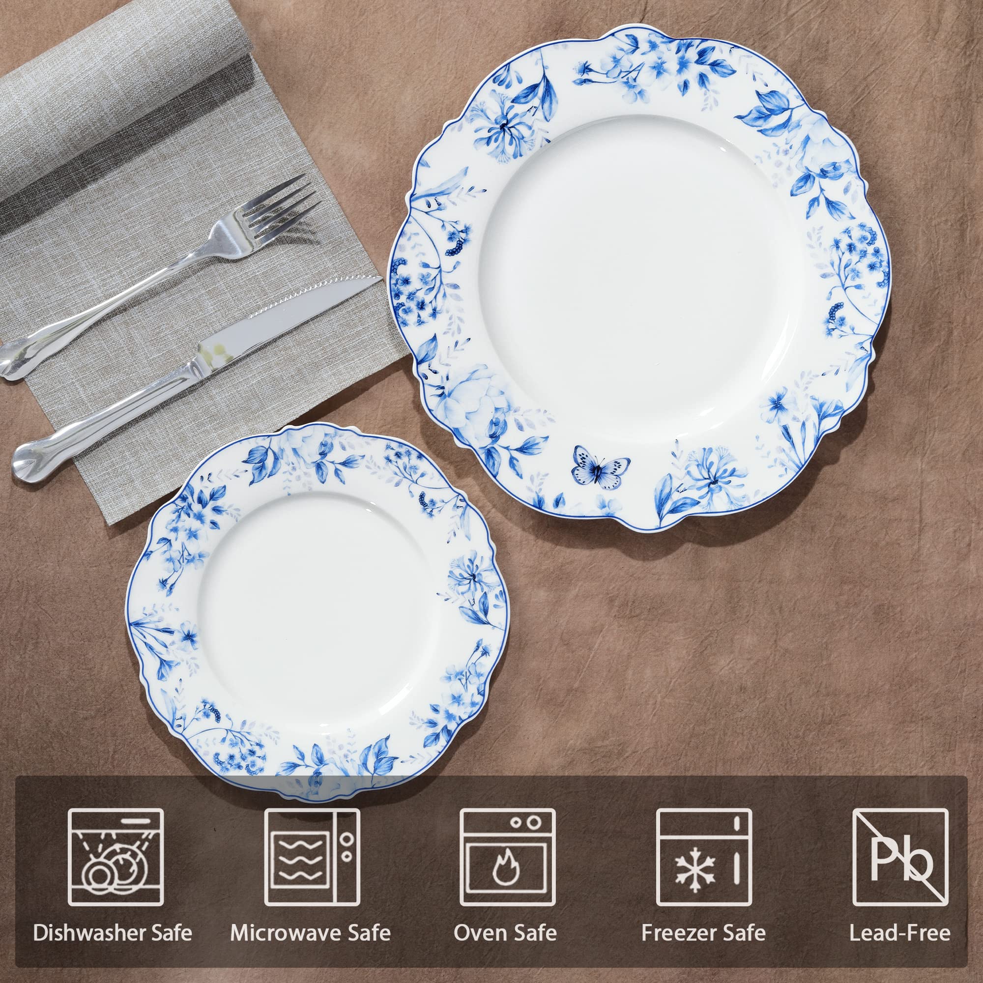 fanquare Vintage 11 Inch Porcelain Dinner Plates Set of 4, Blue Floral Ceramic Serving Plates, Microwavable Plates