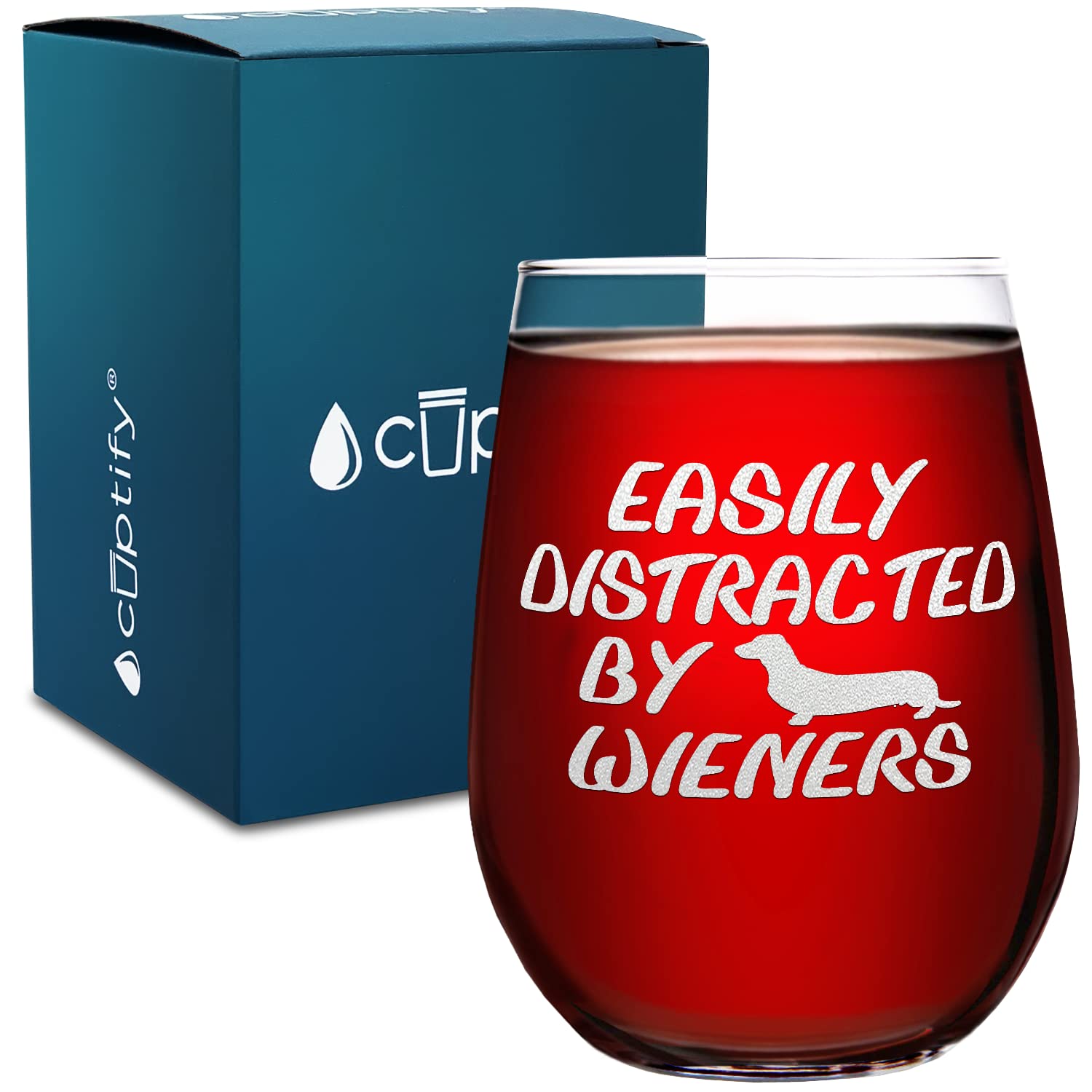 Cuptify Easily Distracted by Wieners Etched on 17 oz Stemless Wine Glass Funny Dachshund Gift for Women, Men Wiener Dog Lovers