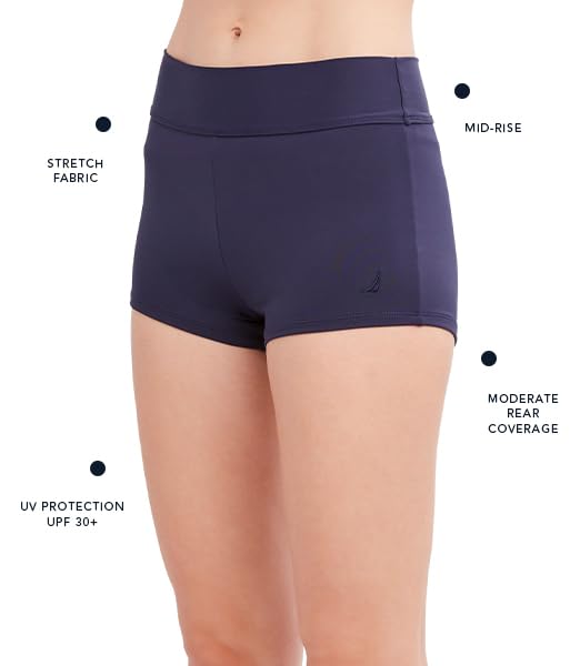 Nautica Women's Standard Mid-Rise Flattering Wide Waistband Boy Leg Bikini Bottom Swimsuit, Black, Small