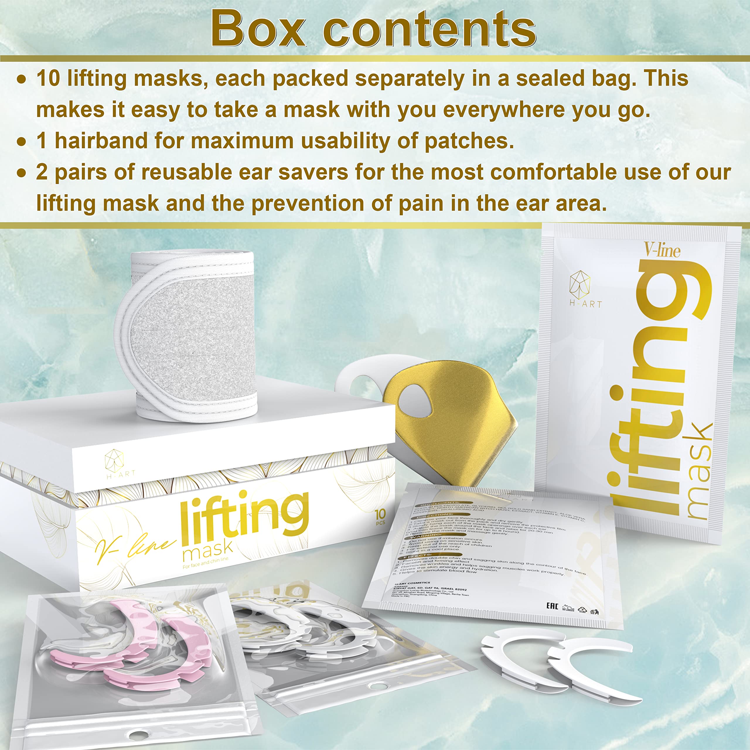 H-Art Cosmetics Double Chin Reducer | 24K Gold Hydrogel Collagen Patches | Face Lift Tape | Chin Strap | Lifting V Line Mask | Slimming Face Strap - 10 Masks