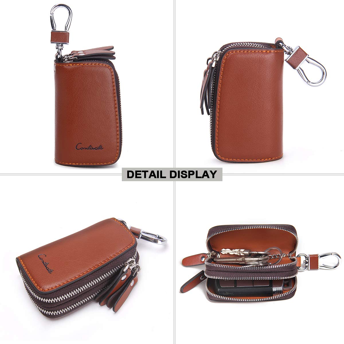 Contacts-Genuine Leather Car Key Keychain Holder Metal Hook and Keyring Zipper
