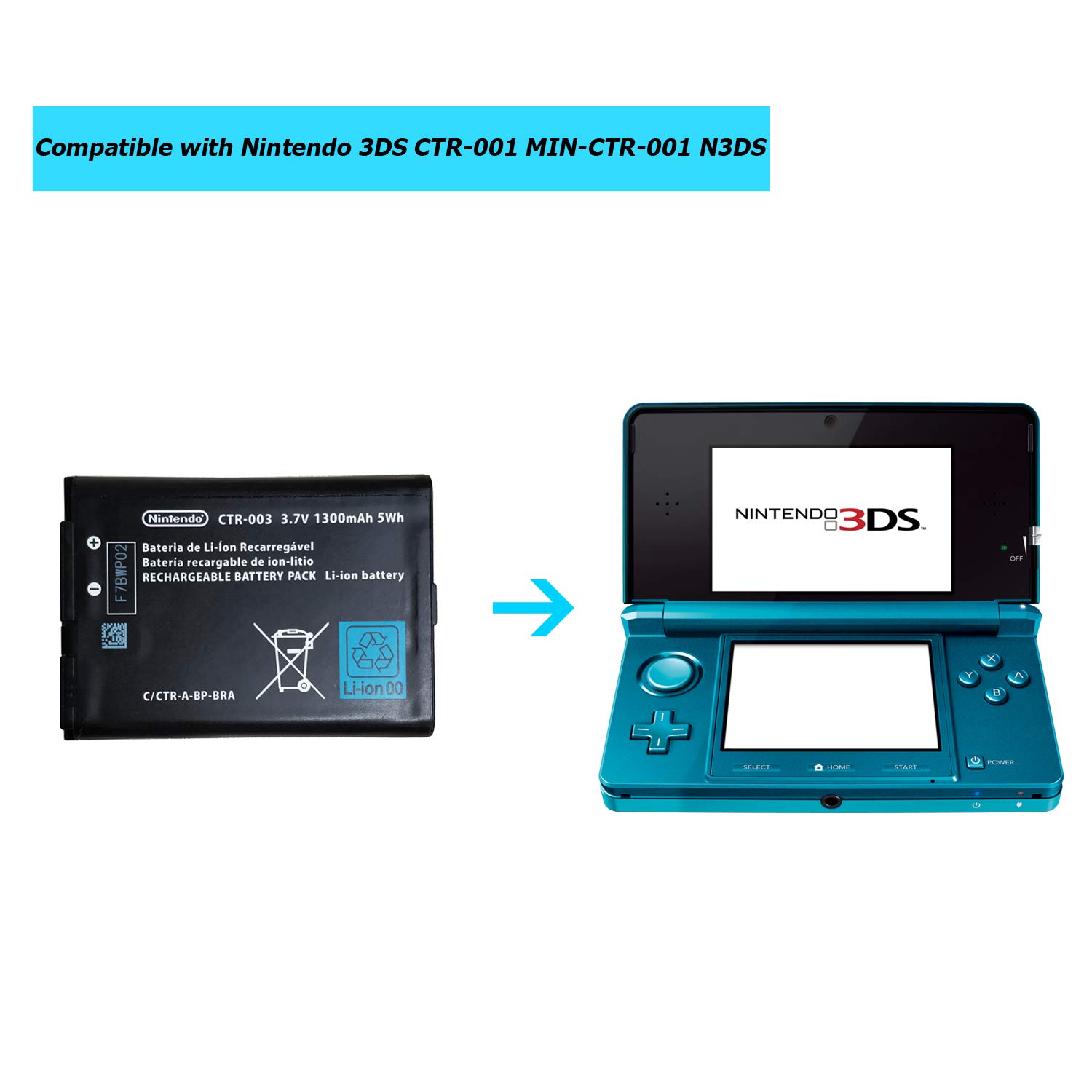 Vvsialeek CTR-003 Replacement Battery Compatible with Nintendo 3DS CTR-001 MIN-CTR-001 N3DS with Toolkit