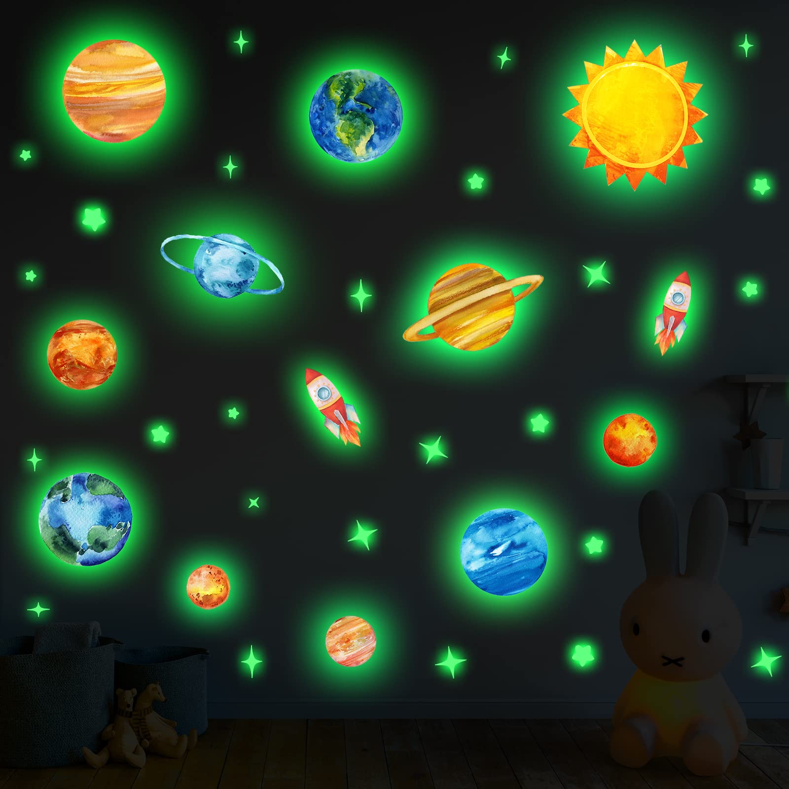 Glow in The Dark Planets for Ceiling Solar System Wall Decal Bright Planet Nursery Wall Sticker for Kids Space Decoration, Birthday Gift for Boys and Girls