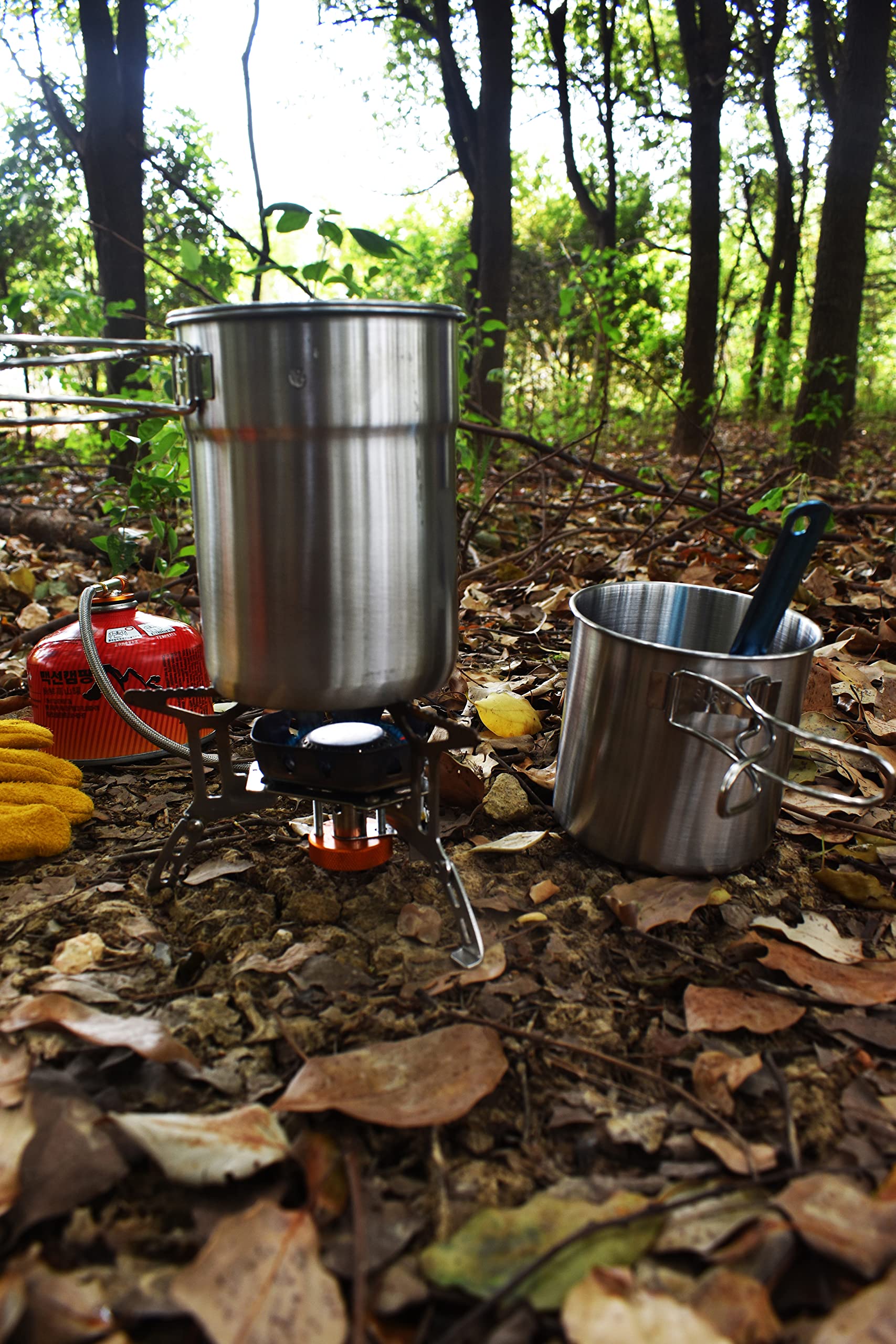 DZRZVD Camping Cups and Mugs Pot 2Pcs-304 Food Grade Stainless Steel-Foldable Handle-Outdoor Cookware Set with Vented Lid & Spoon Fork-33oz Big+24oz Small for Backpacking Picnic Hiking Traveling