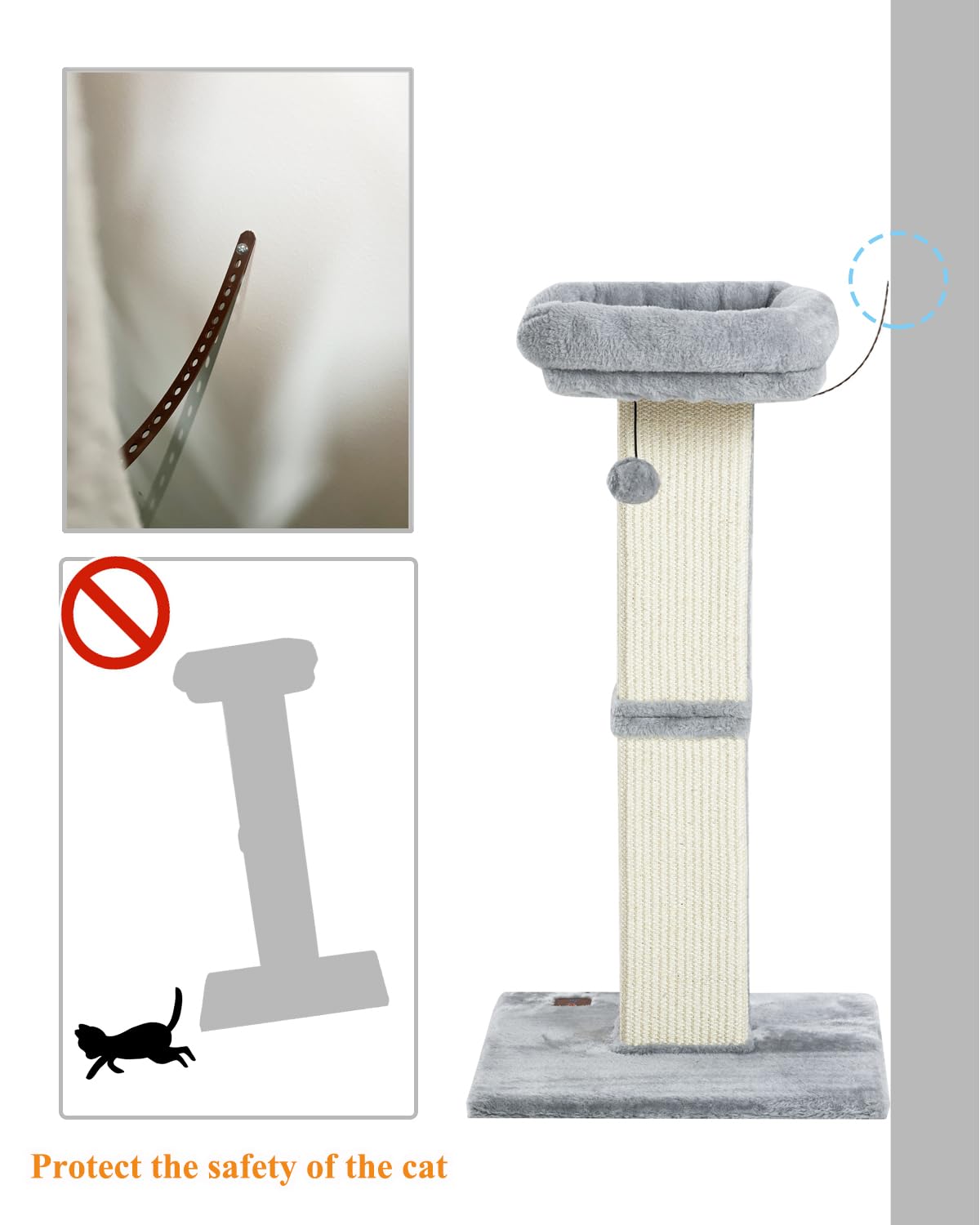 Karolpar 32" Cat Scratching Post for Indoor Cats, Sisal Cat Scratcher with Plush Perch, Large Scratch Post with Bed, Removable Cover, Sisal Fabric,Light Grey