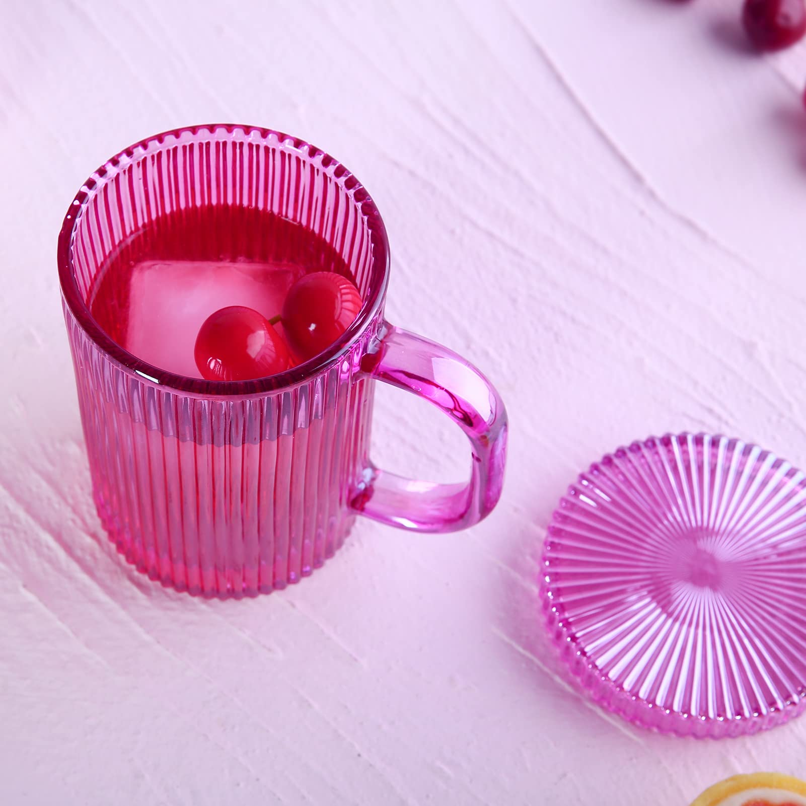 G Meridian Glass Coffee Mug with Lid 11.3 oz with Lid can be usded as Coaster for Latte Chocolate Americano Milk Oats Yoghurt Iridescent Dark Pink