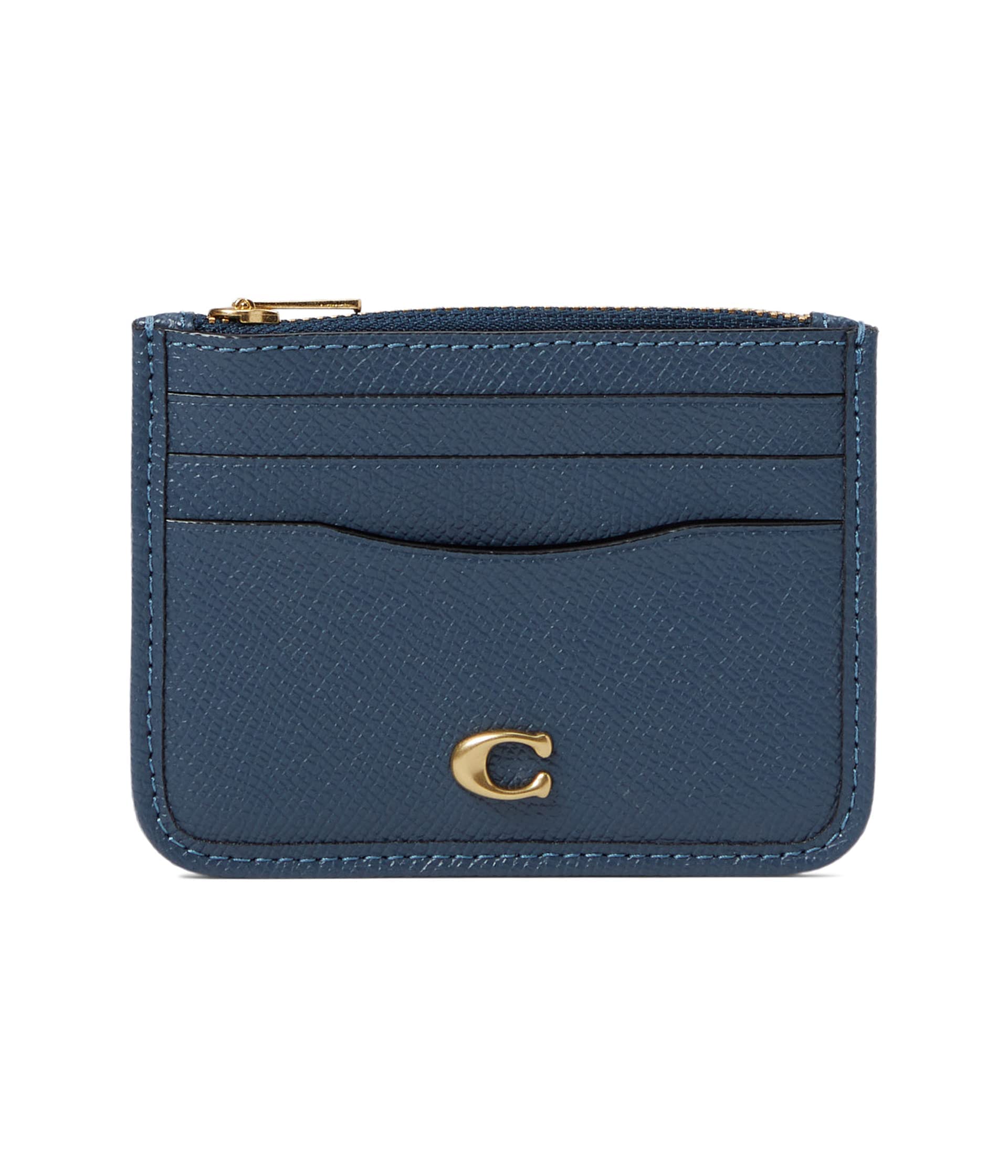 Coach Cross Grain Leather Zip Card Case Denim One Size