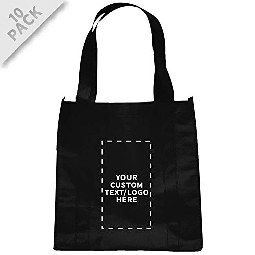 DISCOUNT PROMOS Custom Reusable Grocery Tote Bag for Shopping - 10 Pack - Personalized Logo, Text -Small Foldable Bags β Black