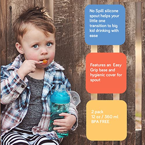 Nuby 2 Pack No Spill Printed Thirsty Kids No-Spill Sip-it Sport Cup with Soft Spout and Lid - 12oz, 12+ Months,2 Count(Pack of 1),Print May Vary