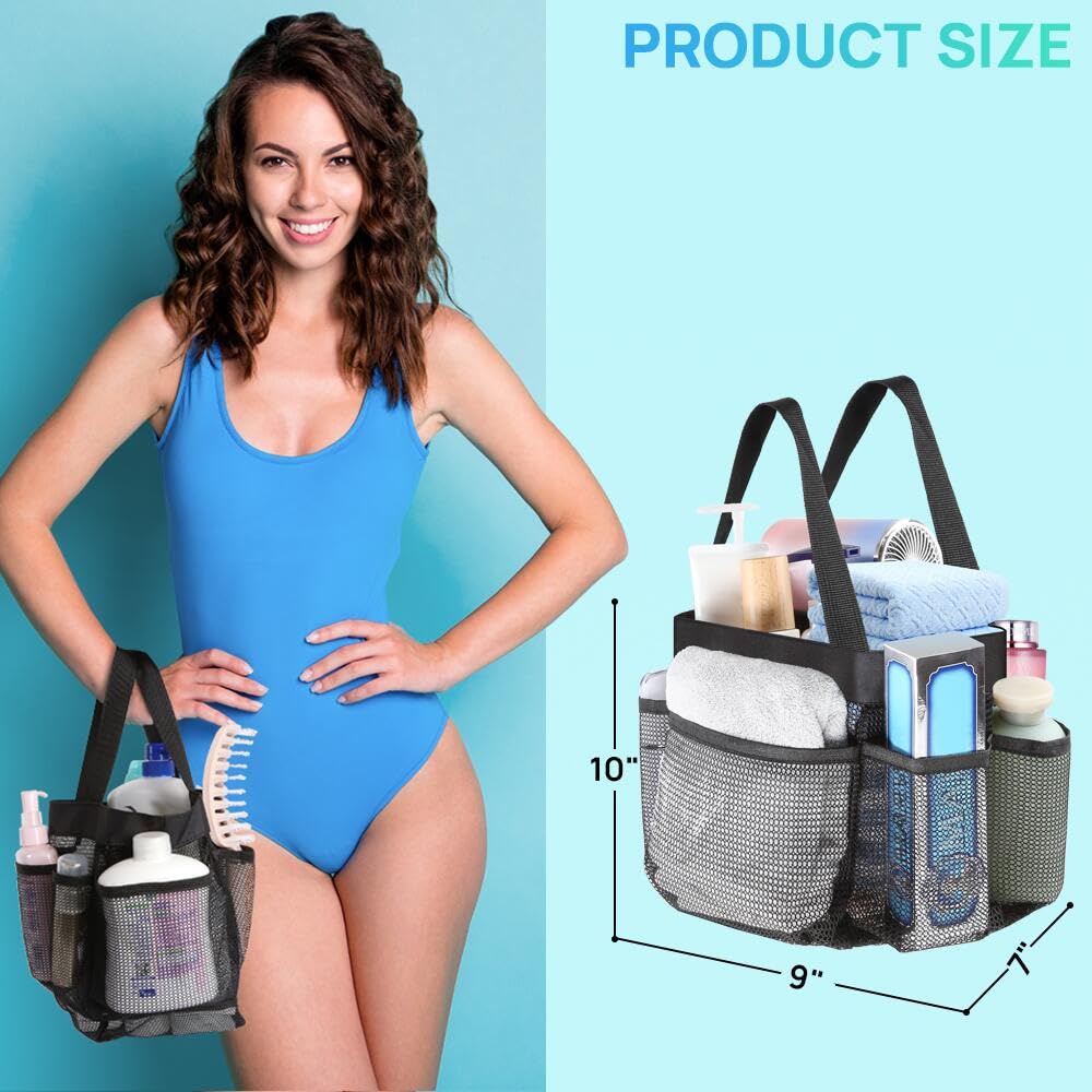 KAKULO Mesh Shower Caddy Portable for College Dorm Room Essentials, Portable Shower Caddy Dorm with 8-Pocket Large Capacity, Shower Bag for Beach, Swimming, Gym (Black 1PCS)