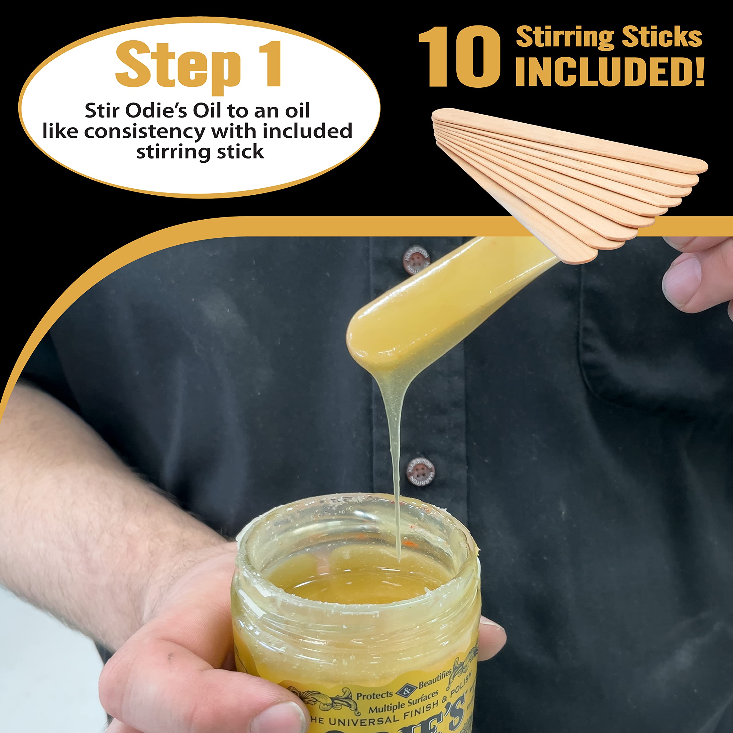 ODIE'S Oil Starter Kit Oil 9 Ounce Jar •10 Non-Woven White Applicator Pads •2 Terry Cloth Buffing Towels and 10 Wooden Stirring Sticks