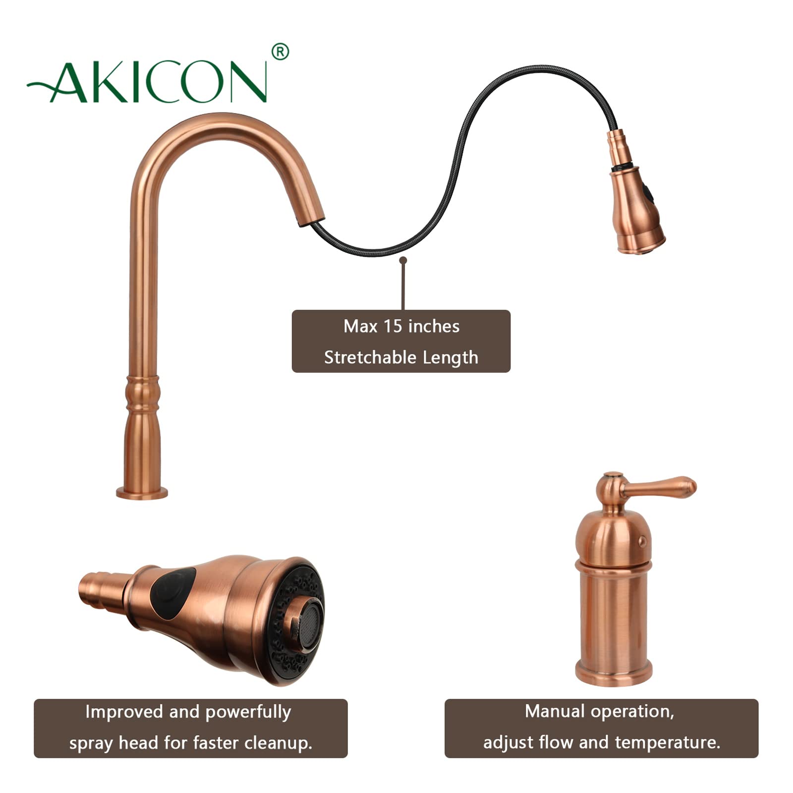 Copper Kitchen Faucet with in-Deck Handle and Soap Dispenser, Single Handle Solid Brass High Arc Pull Down Sprayer Head Kitchen Sink Faucet AK97918
