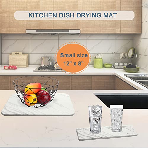Dish Drying Mats for Kitchen Counter, Diatomaceous Earth Mat, 12”x8” & 9”x3” Small Size Hard White Water-Absorbent Heat-Resistant Non-Slip Diatomite Mat, Draining Mat for Drying Rack (Marble)