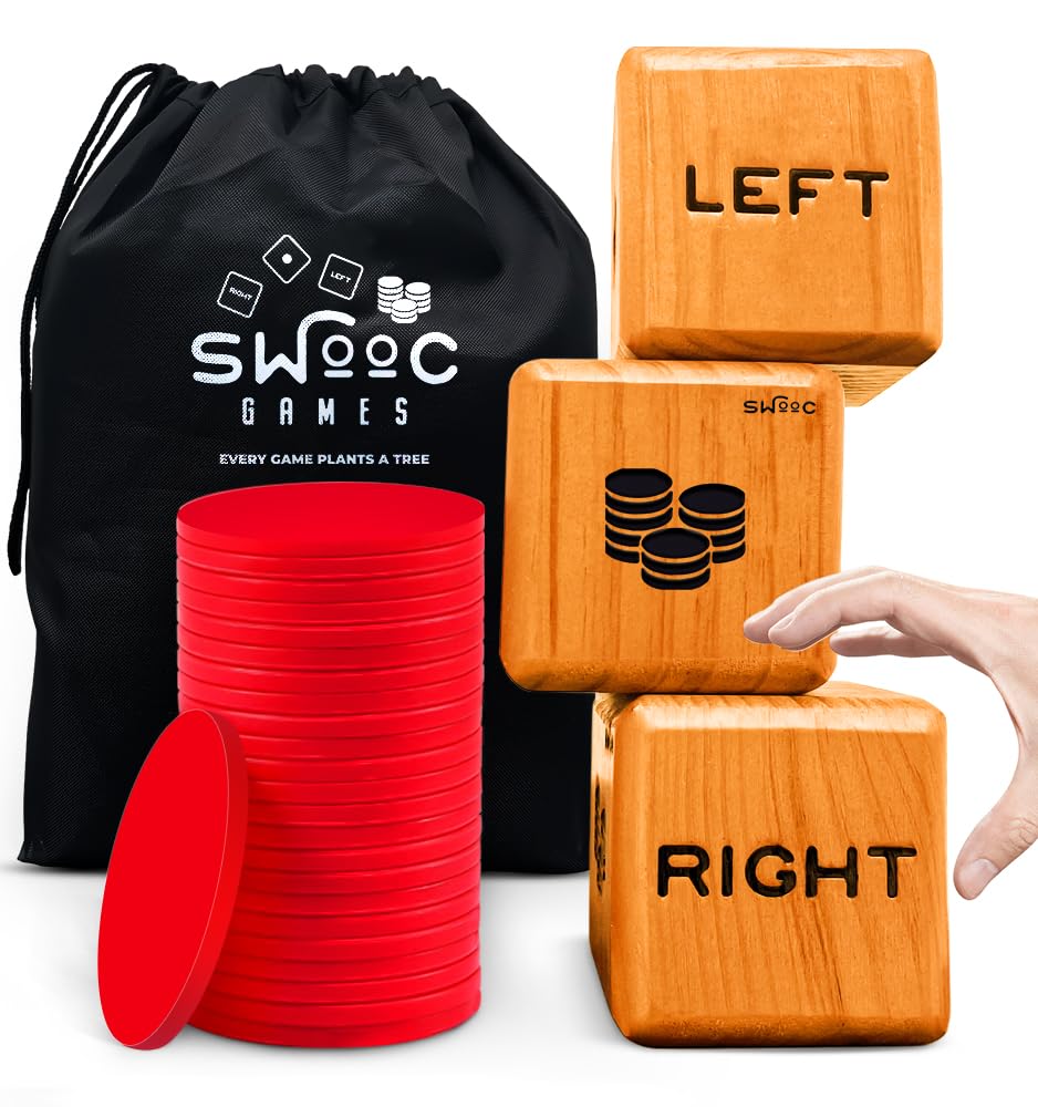 SWOOC Games - Giant Right Center Left Dice Game (All Weather) with 24 Large Chips & Carry Bag - Jumbo Wooden Lawn Game - Big Backyard Game for Family - Indoor/Outdoor - Left Right Center Dice Game