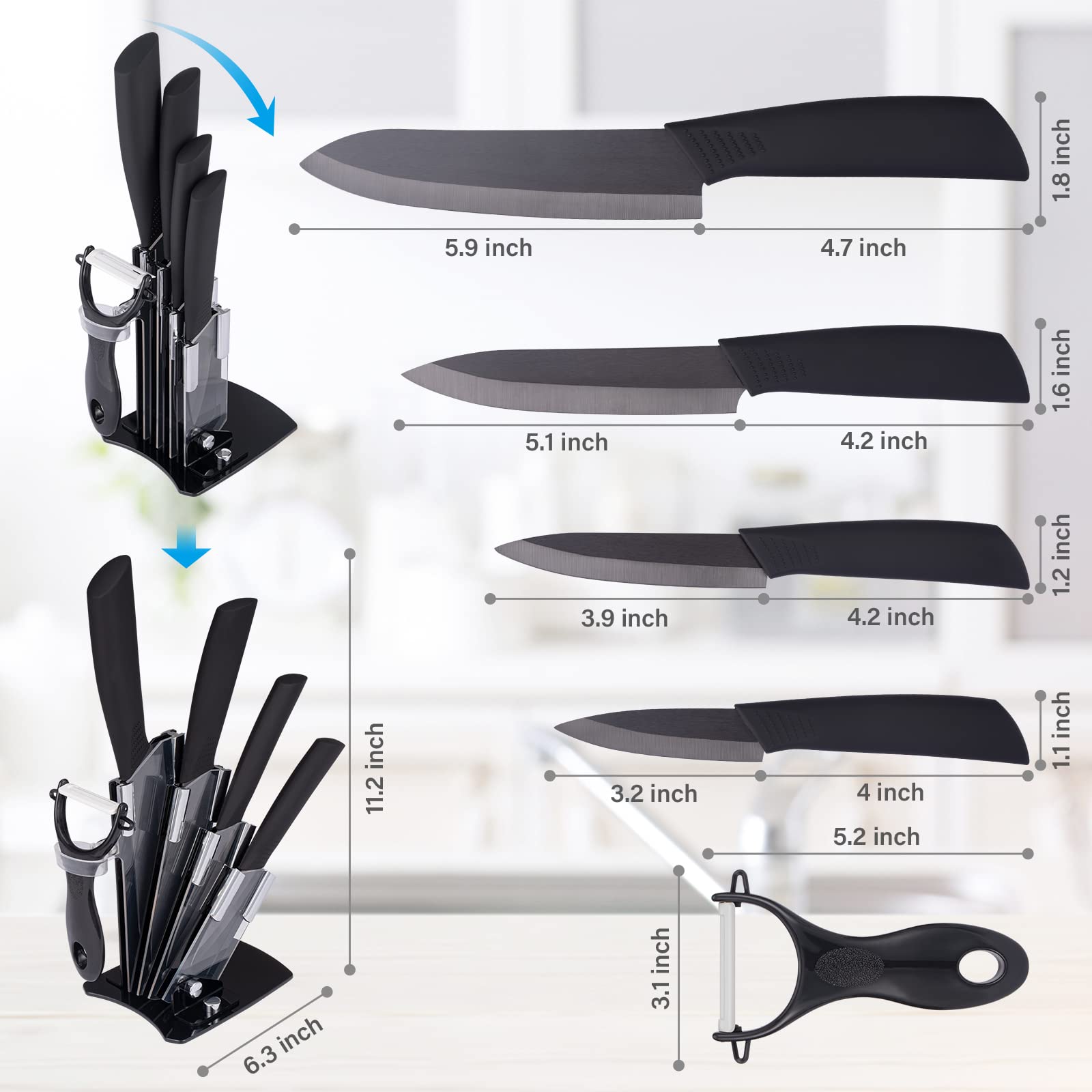CHUYIREN Ceramic Knife Set, Ceramic Knives with Block, Ultra Sharp Rust Proof Stain Resistant knife with Ergonomic Anti-slip Handle, 5 Pcs, Black