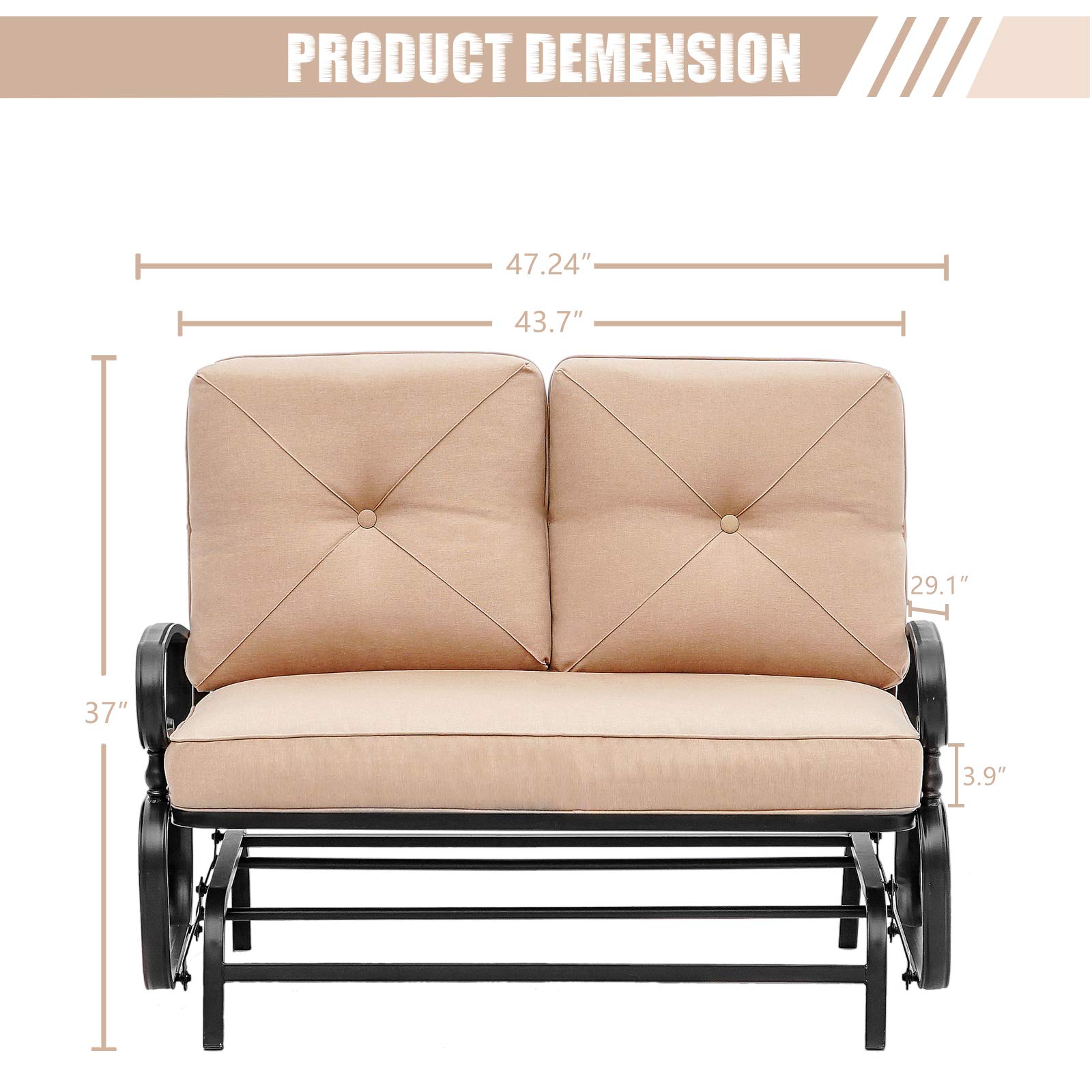 Omelaza Patio Bench, Porch Glider Outdoor Swing Glider Rocking Loveseat, Steel Frame Chair with Thick Cushion (Brown)