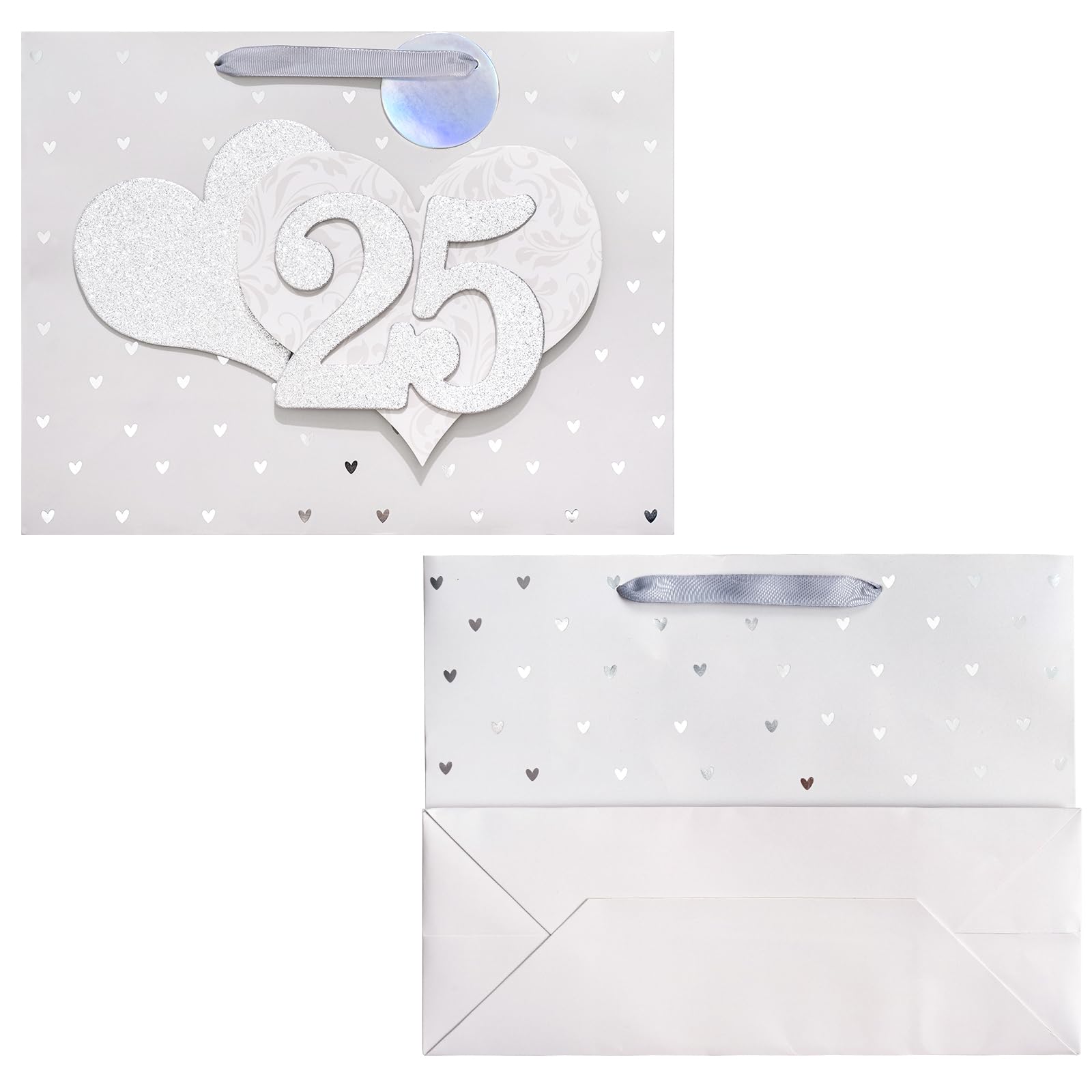 LeZakaa 13" Wedding Gift Bag, Silver Gift Bag with Tissue Paper, Gift Tag and Card - Number 25" with Heart 3D Paster for Silver Wedding Anniversary Celebrations