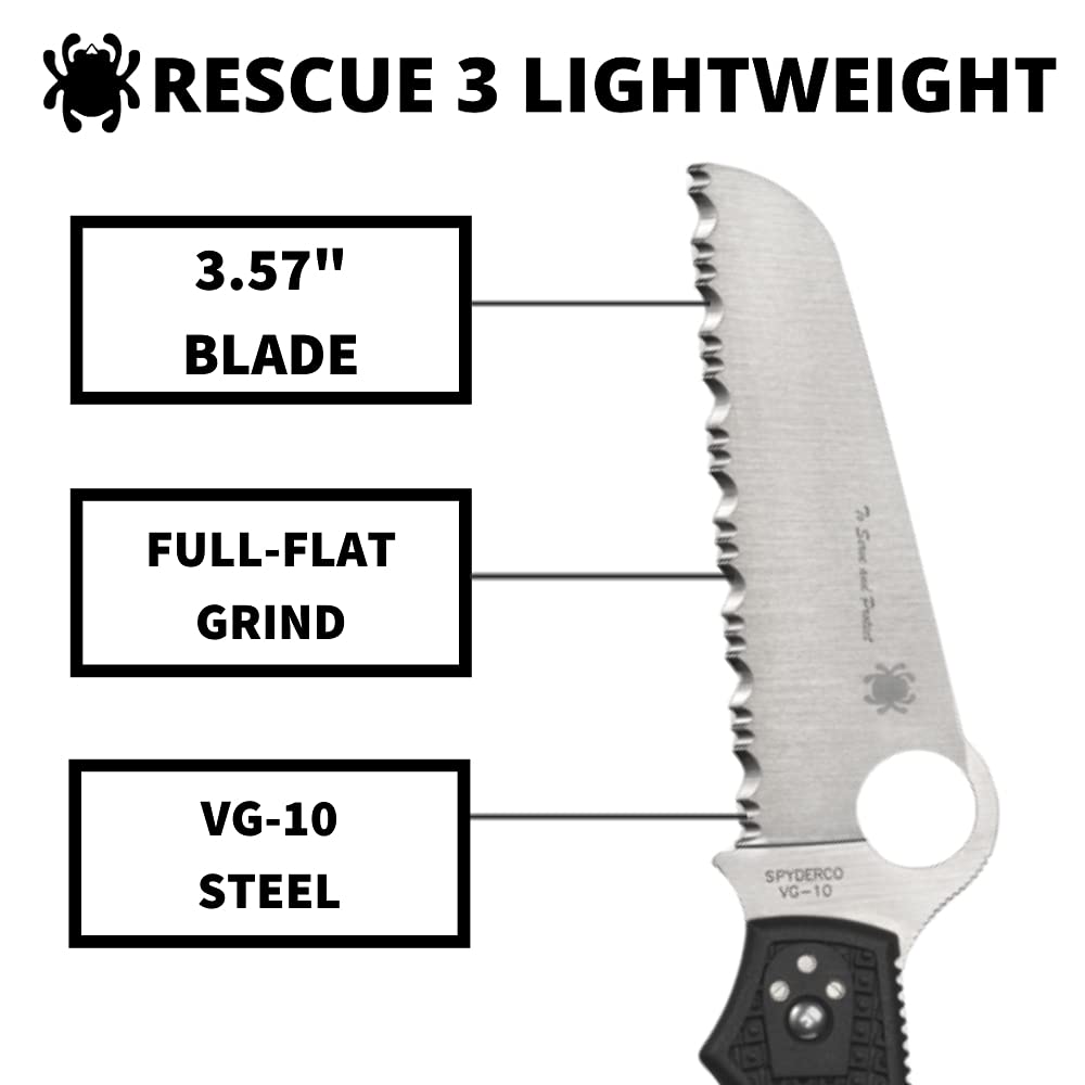 Spyderco Rescue 3 Lightweight Knife with 93mm Flat Ground Steel Blade and Tunnel to Towers Black FRN Handle - SpyderEdge - C14FSBKBL3