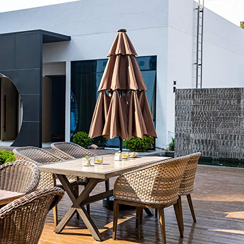 Klismos 10FT 3 Tiers Patio Umbrella with Lights Windproof Outdoor Market Umbrella Large Waterproof Table Umbrella with Tilt and Crank(Coffee)