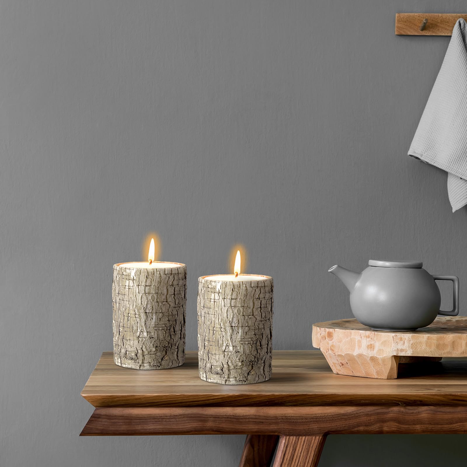 MTLEE Set of 6 Small Birch Bark Candle, Pillar Candles Wrapped with Birch Bark, Real Wax Rustic Candles, Birch Candles for Home Restaurant Wedding Party Decoration, D 3 x H 4