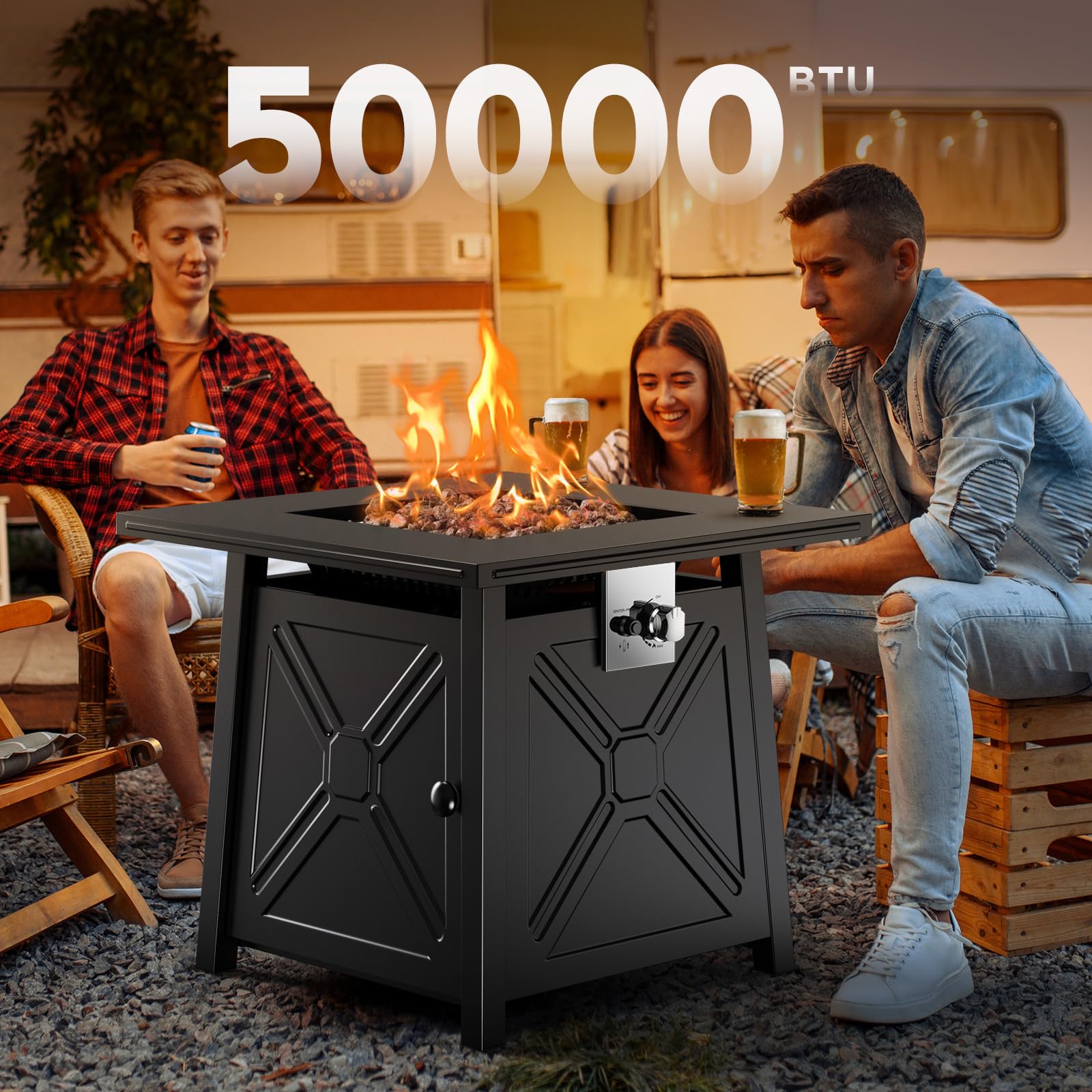 Ciays 28 Inch Gas Fire Pit Table, 50,000 BTU Propane Fire Pits for Outsides with Steel Lid and Lava Rock, 2 in 1 Square Firepit Table for Gatherings Parties on Patio Deck Garden Backyard, Black