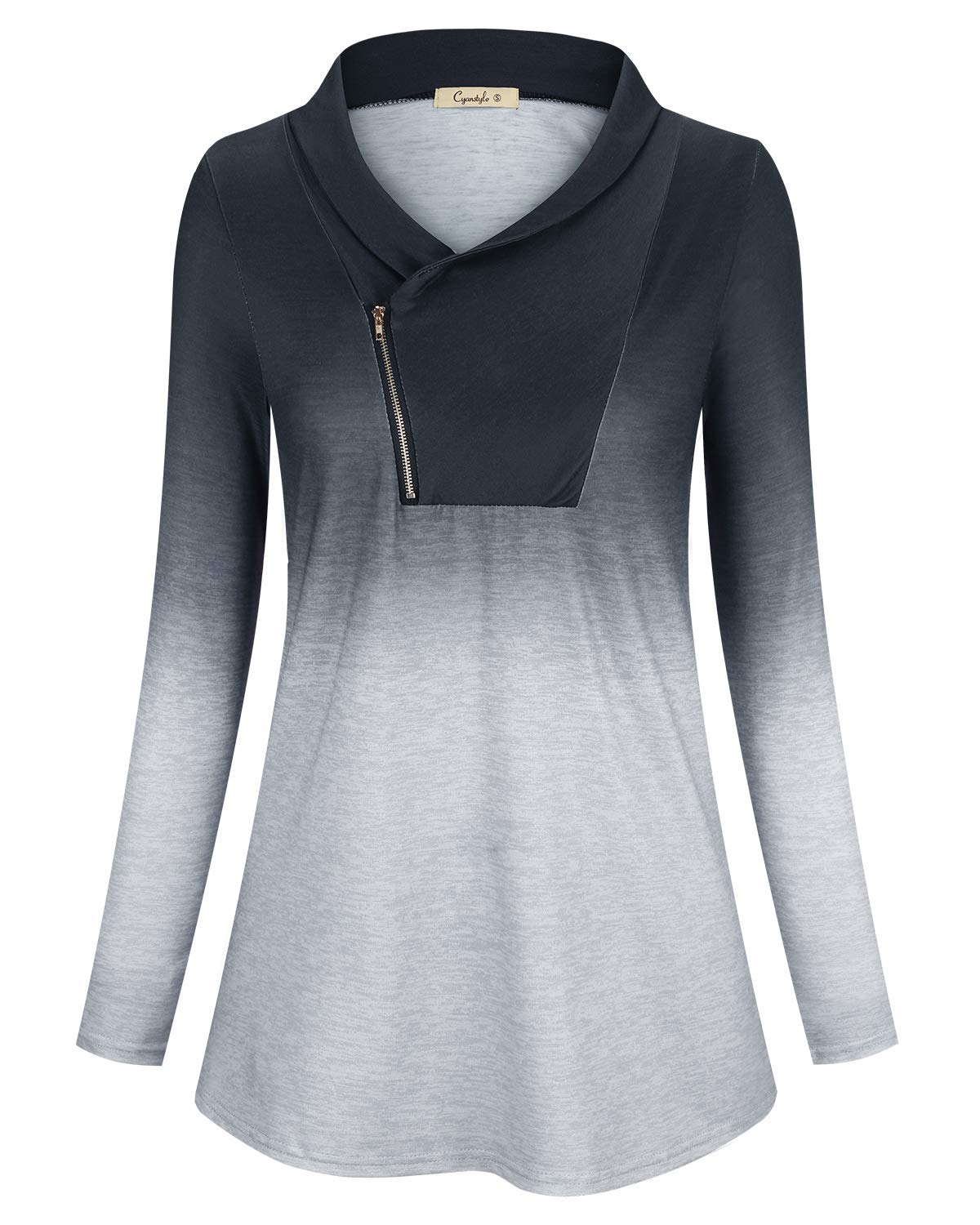 Cyanstyle Women Winter Zipper Cowl Neck Floral Print Sweatshirt Plus Size Long Sleeve Pullover Gradient Black X-Large