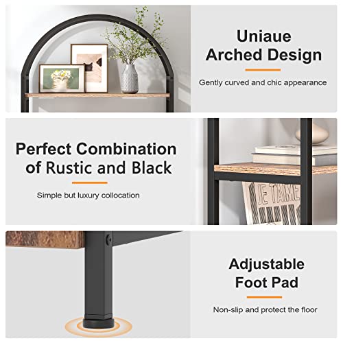 Jehiatek Arched Bookshelf, Bookcase with Doors Storage, 71 Inches Tall Industrial Book Shelf with Sturdy Metal Frame, E1 Quality Boards, Freestanding Display Shelving Unit, Black and Rustic